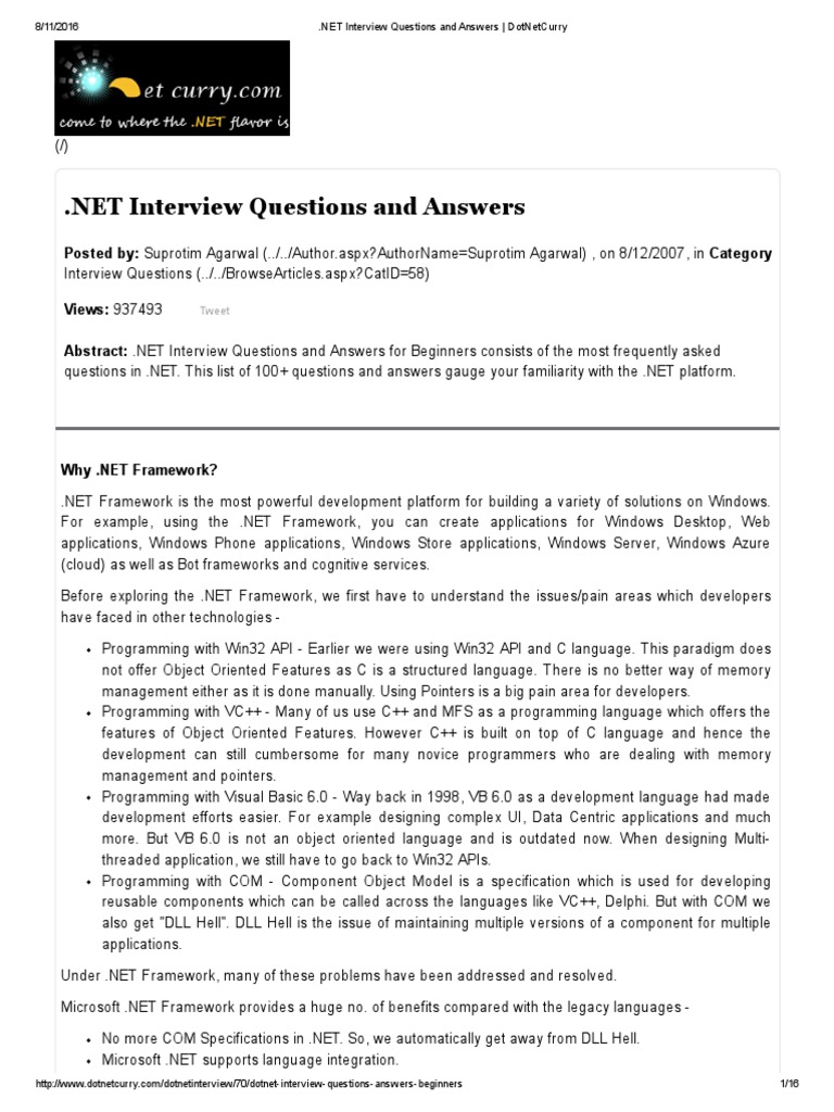 NET Interview Questions and Answers - DotNet | PDF | Component Object Model | Class (Computer ...