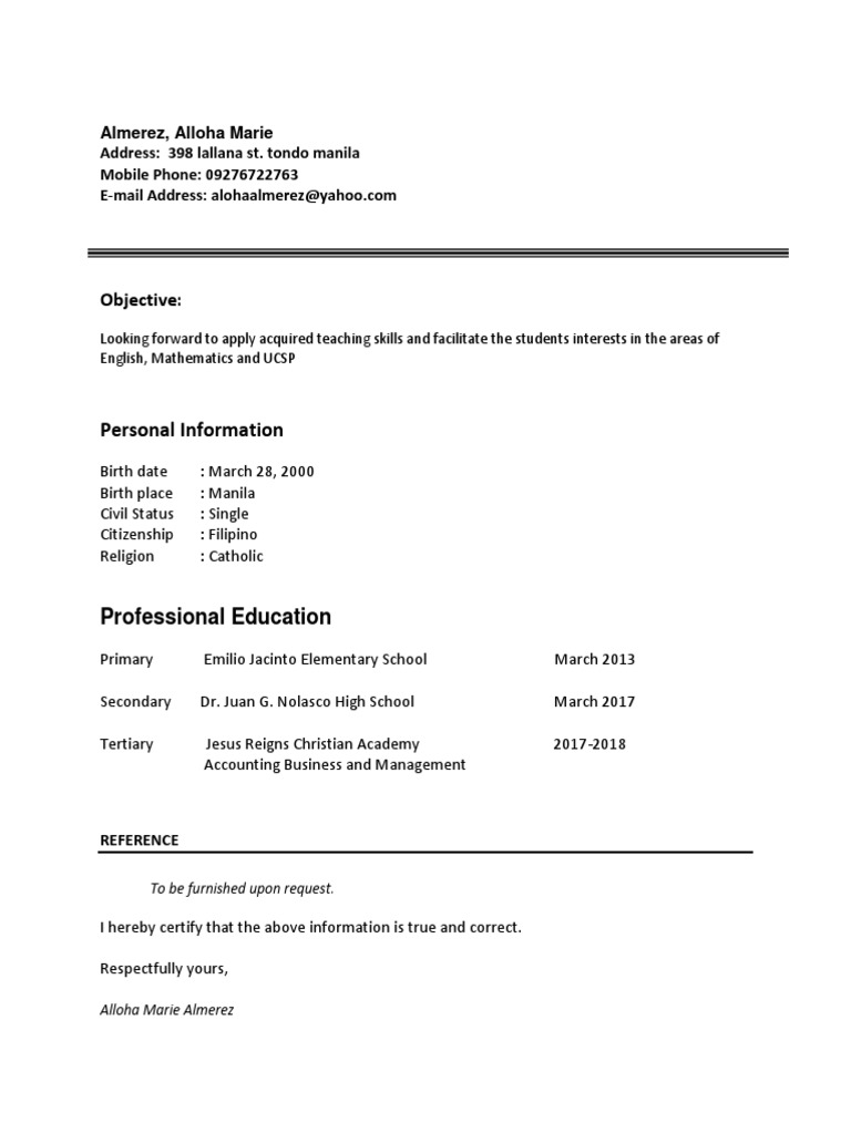 Objective:: Personal Information | PDF