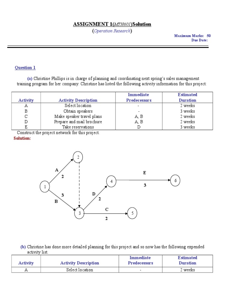 Operation Research - MTH601 Fall 2004 Assignment 01 Solution | PDF | Mean | Variance