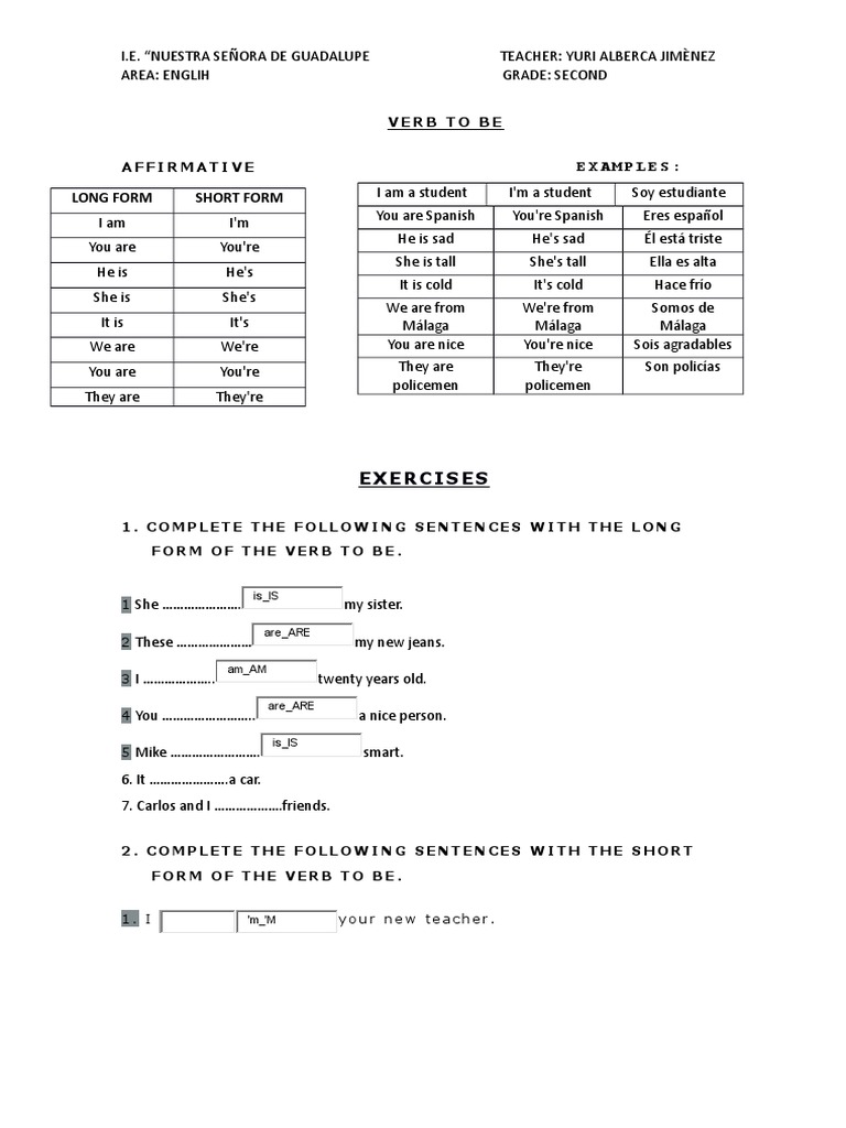 Long Form Short Form: Verb To Be Affirmative | PDF | Grammar | Syntax