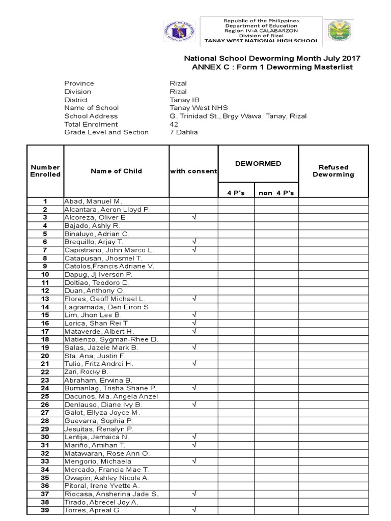 Format-of-Deworming-Masterlist-Form-1-Modified-School-Level-Reporting ...