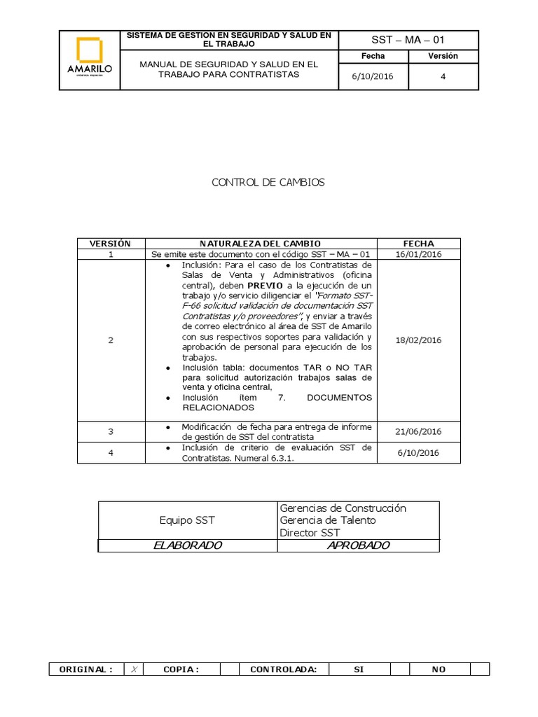 Sst-Ma-01 Manual de Seguridad y Salud en El Trabajo para Contratistas v4 | PDF | Bienestar ...
