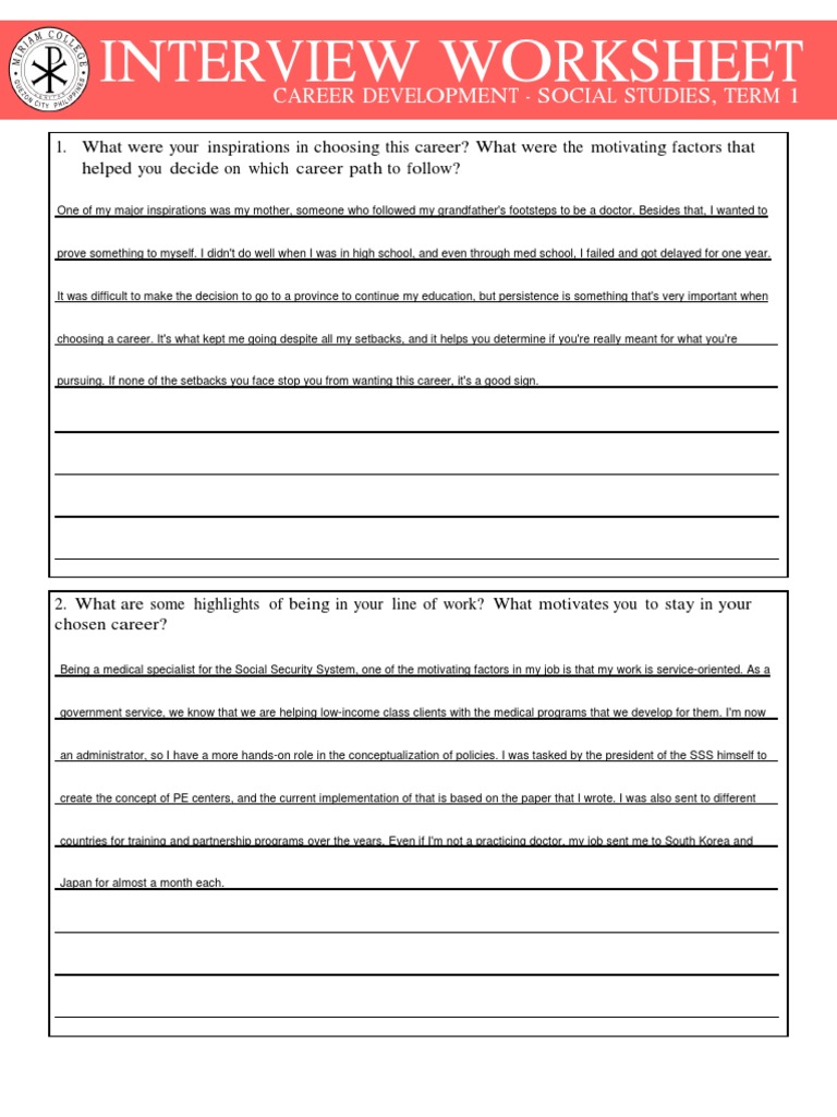 Interview Worksheet: Career Development - Social Studies, Term 1 | PDF ...