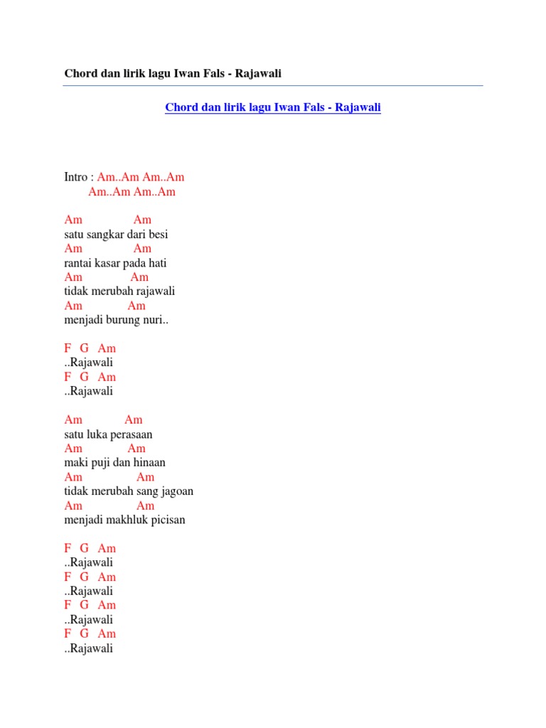 Chord Dan Lirik Lagu Iwan Fals - Rajawali | PDF