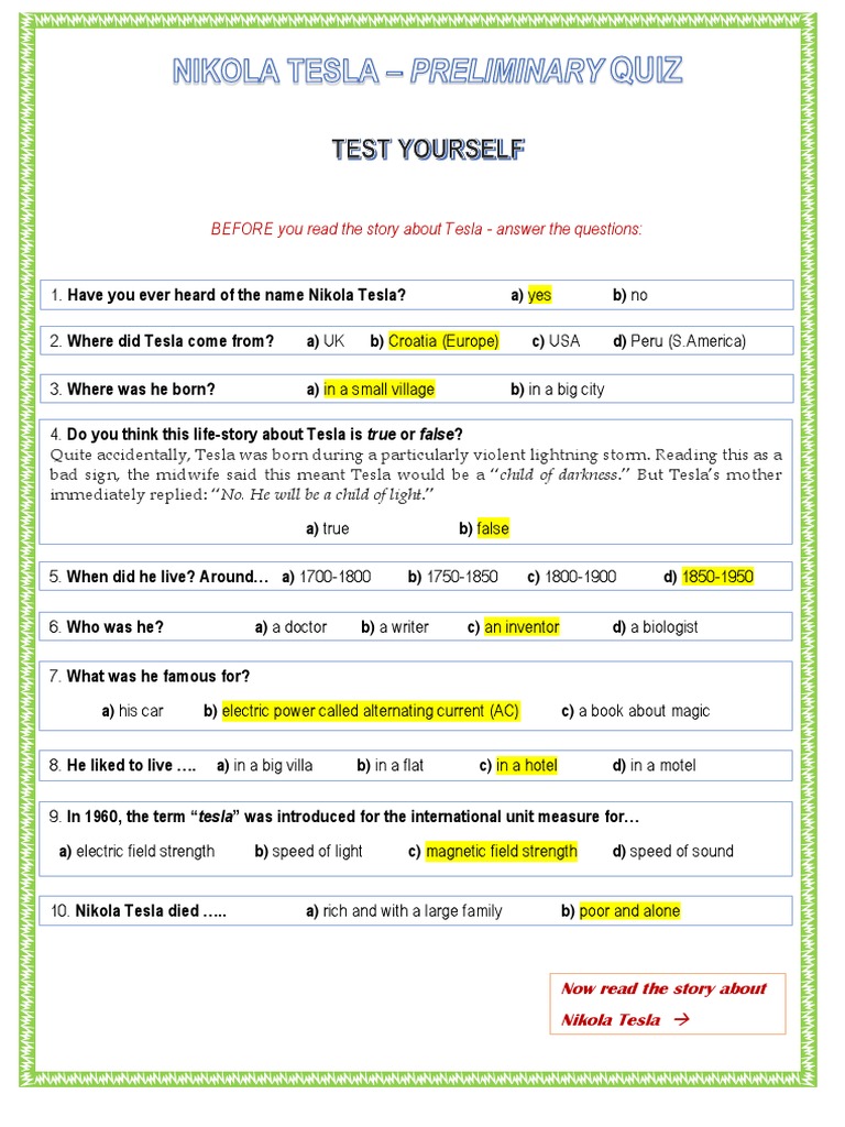 BEFORE You Read The Story About Tesla - Answer The Questions | PDF ...