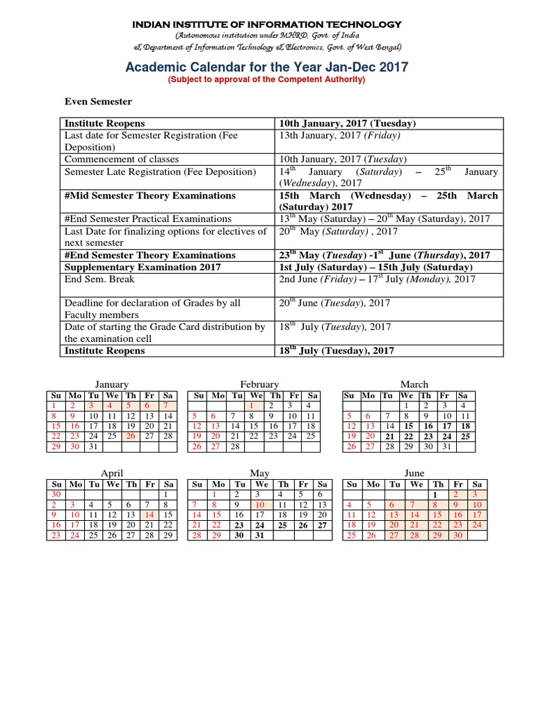 Academic Calendar For The Year Jan-Dec 2017 | Download Free PDF ...