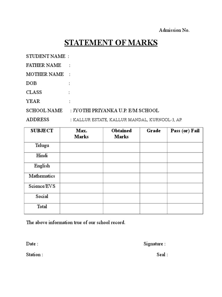 Statement of Marks: Subject Max. Marks Obtained Marks Grade Pass (Or ...