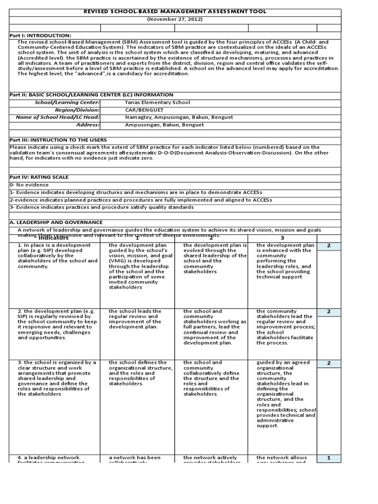 New SBM Tool Revised DRAFT - For E | PDF | Leadership | Educational ...