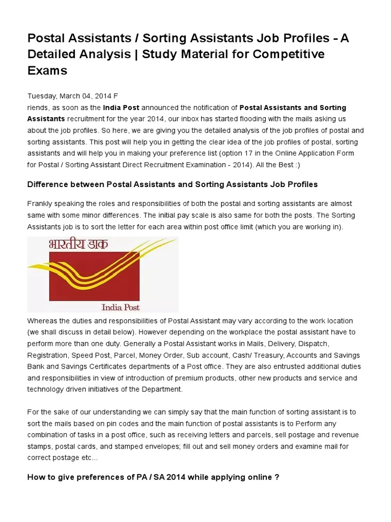 Postal Assistants - Sorting Assistants Job Profiles - A Detailed ...