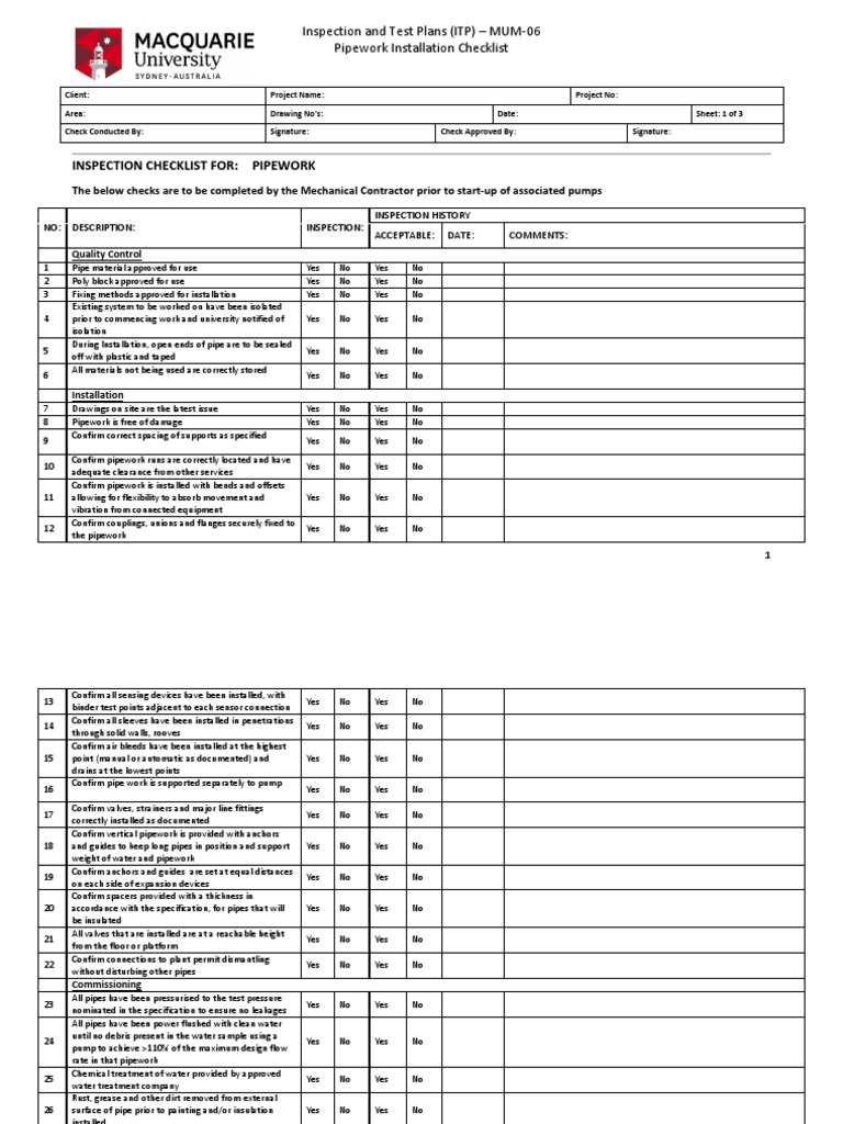Inspection and Test Plans (ITP) - MUM-06 Pipework Installation ...