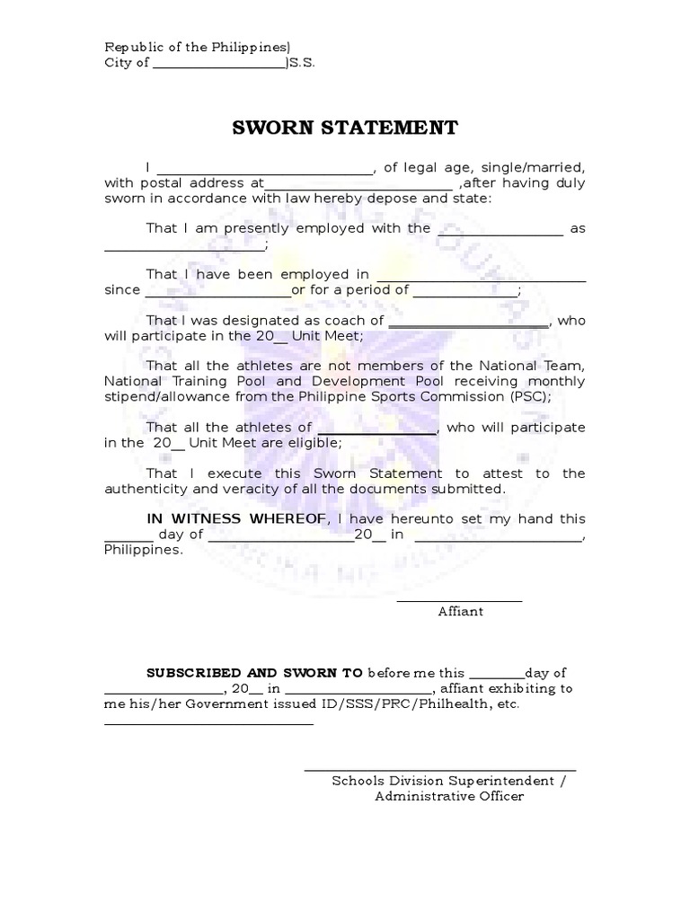 Sworn Statement: IN WITNESS WHEREOF, I Have Hereunto Set My Hand This | PDF
