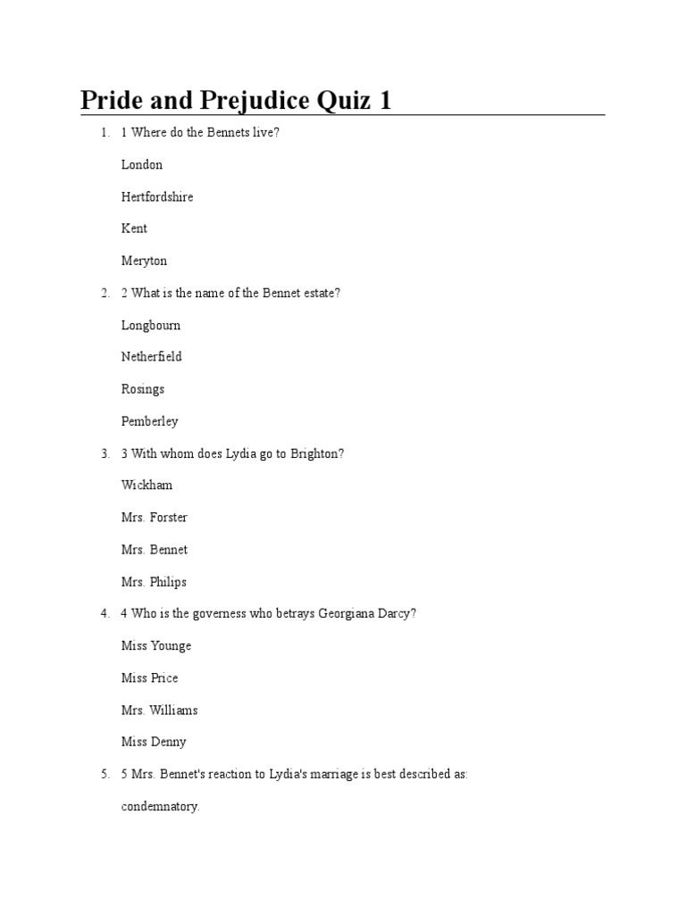 Pride and Prejudice Quiz 1 | PDF | Pride And Prejudice | Mr. Darcy