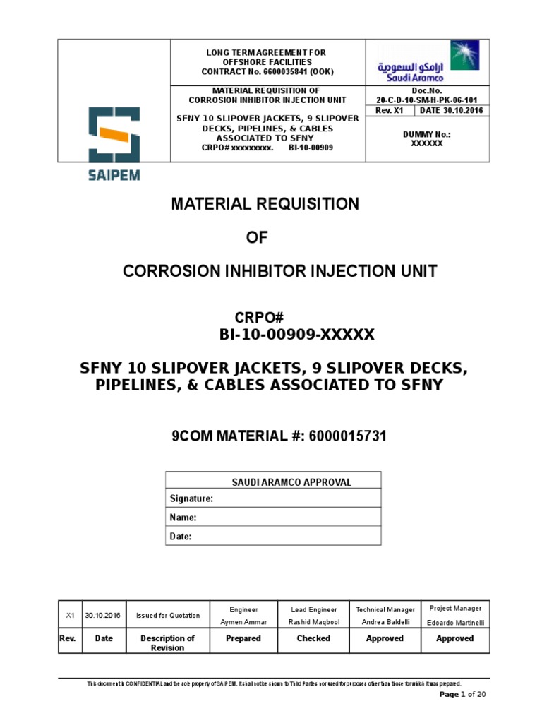 Material Requisition OF Corrosion Inhibitor Injection Unit | PDF | Pipe ...