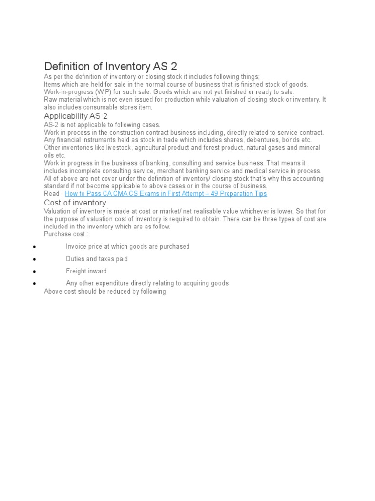 Definition of Inventory AS 2 | Download Free PDF | Inventory ...