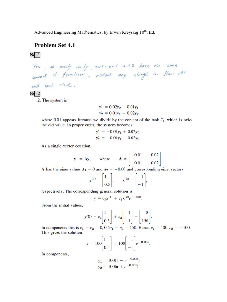 Problem Set 4.1: Advanced Engineering Mathematics, by Erwin Kreyszig 10 ...