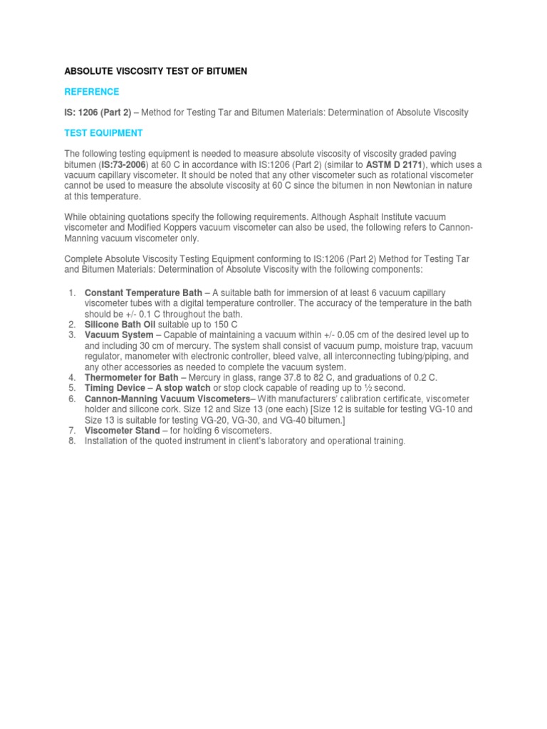 Absolute Viscosity Test of Bitumen | PDF