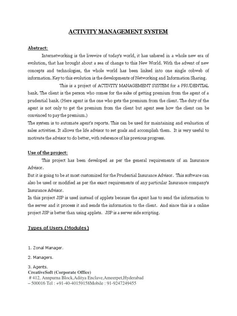 Activity Management System Abstract | PDF | Windows 2000 | Microcomputers