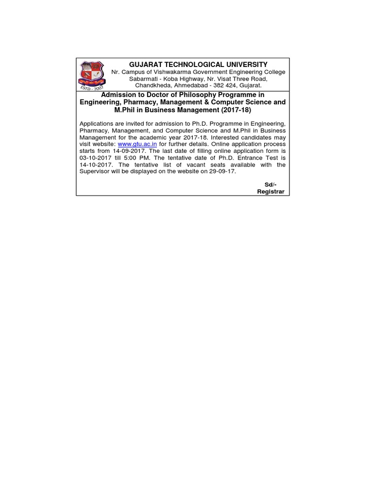 Advertisement ON PHD ADMISSION AT GTU | PDF