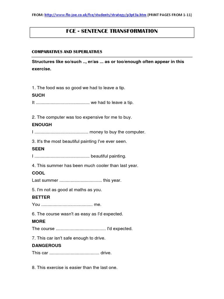 Fce - Sentence Transformation | PDF | Test (Assessment) | Language ...