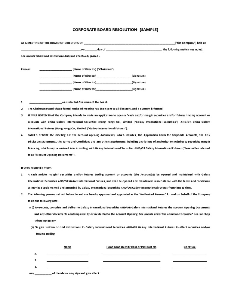 Board Resolution Sample | PDF | Board Of Directors | Securities (Finance)