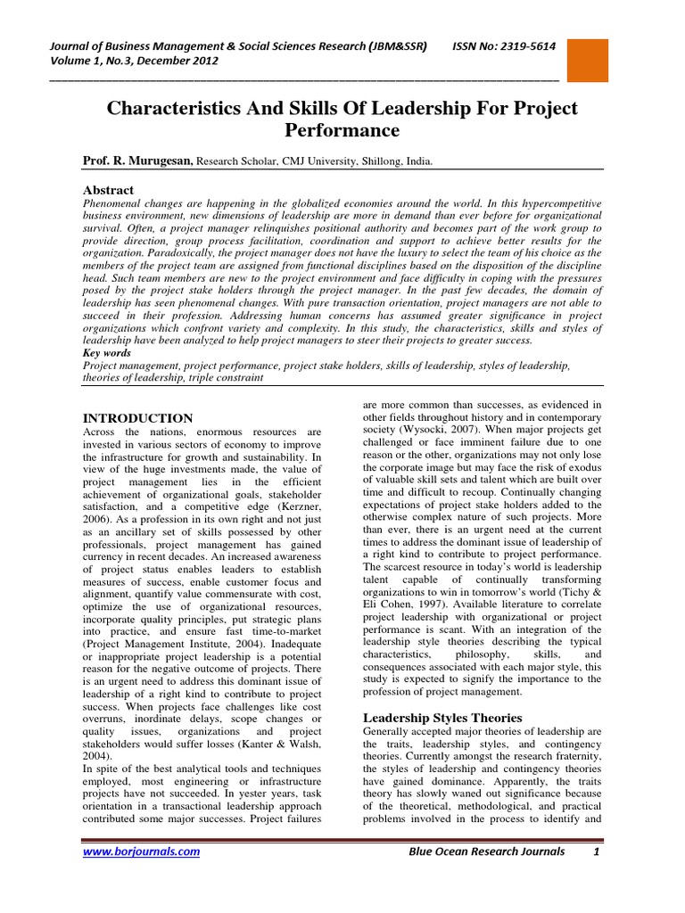 Characteristics and Skills of Leadership For Project Performance | PDF ...