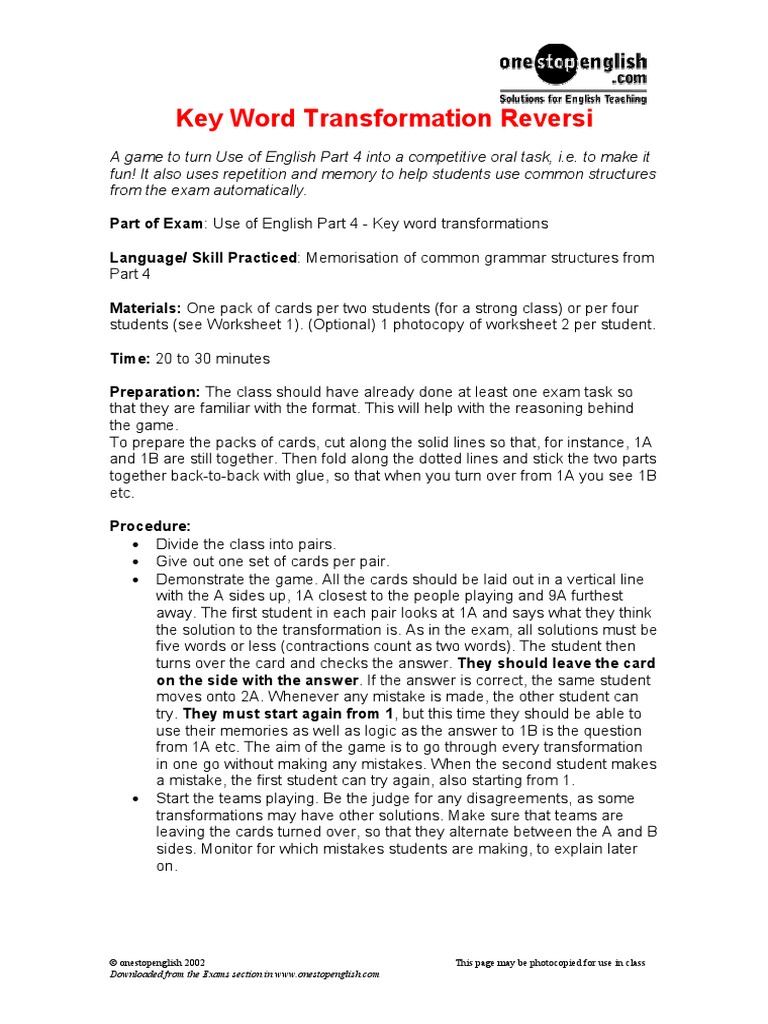 Fce - 3worksheet Sentence Transformation TN 1 PDF | PDF | Test ...