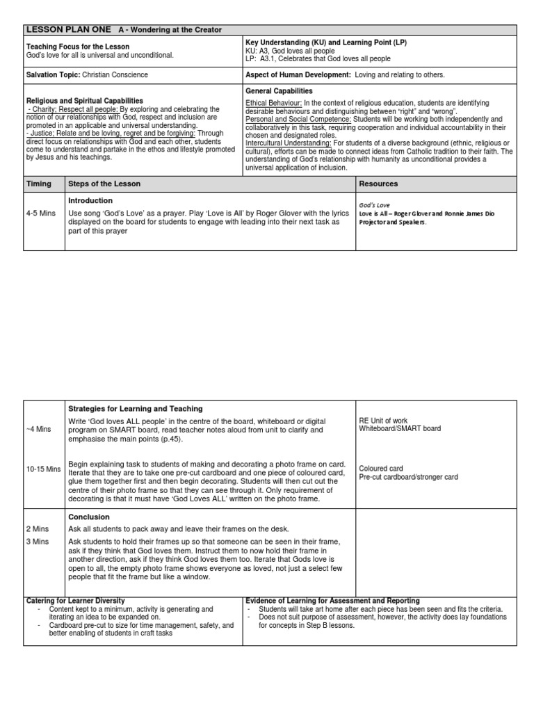 Lesson Plan One: A - Wondering at The Creator | PDF | Conscience | Sin