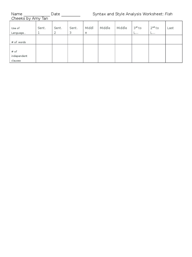 Cheeks by Amy Tan: Name - Date - Syntax and Style Analysis Worksheet ...