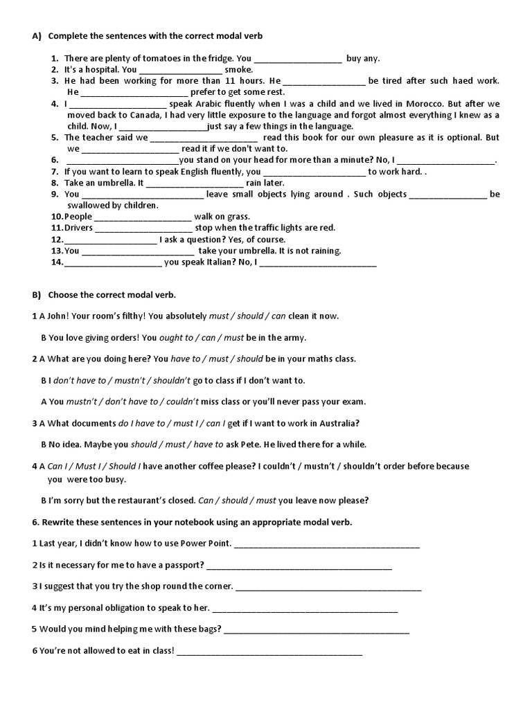 Modal Verbs: Completing Sentences and Choosing the Correct Modal Verb ...