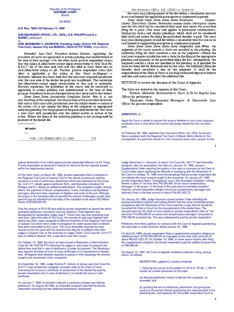 Sun Insurance Office vs. Asuncion | PDF | Complaint | Lawsuit