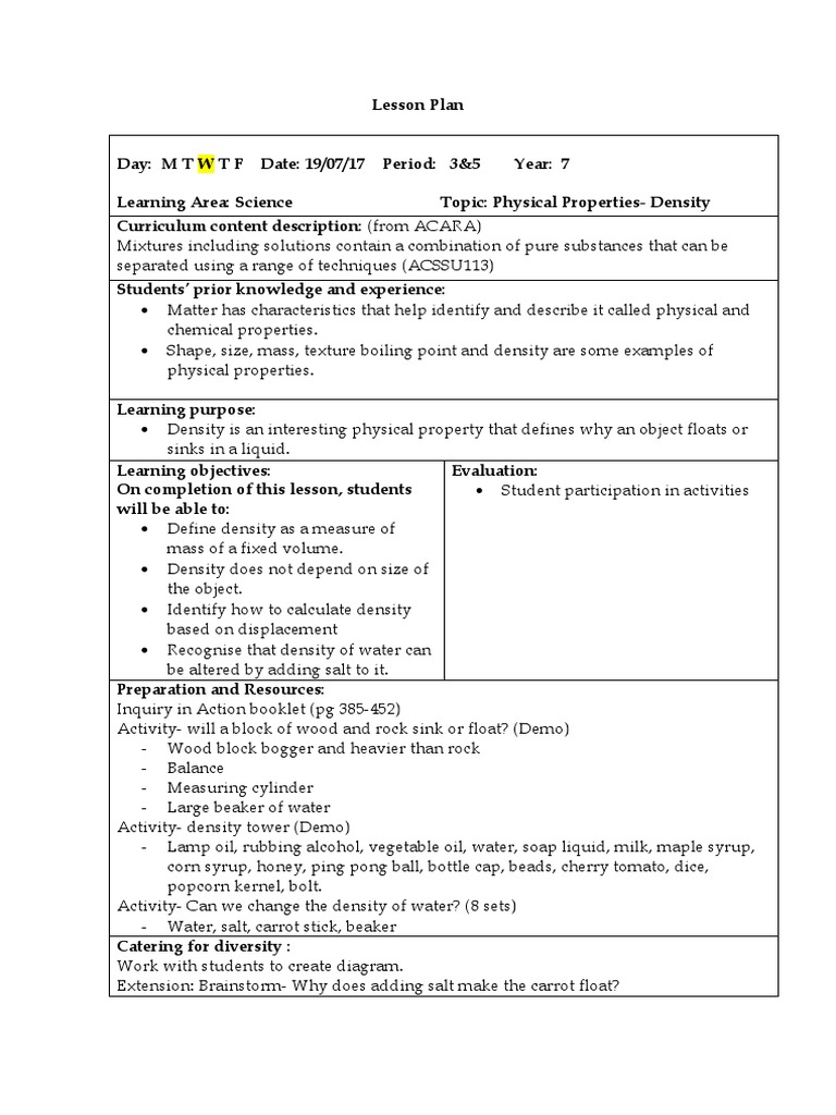 Grade 7 Density Lesson Plan | PDF | Buoyancy | Density
