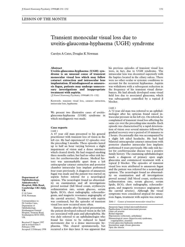 UGH Syndrome: Causes of Visual Loss | PDF | Glaucoma | Vision