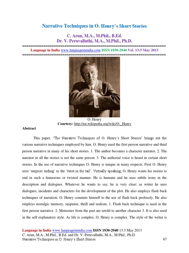 Narrative Techniques in O. Henry's Short Stories: C. Arun, M.A., M.Phil ...