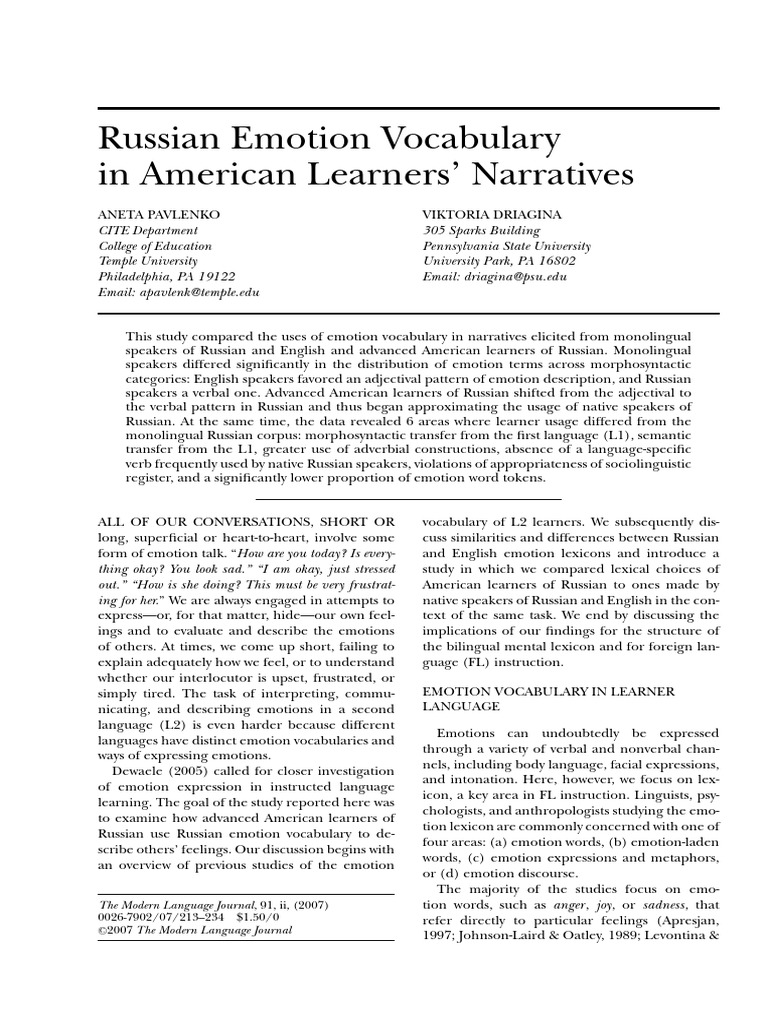 Russian Emotion Vocabulary in American Learners' Narratives: The Modern ...