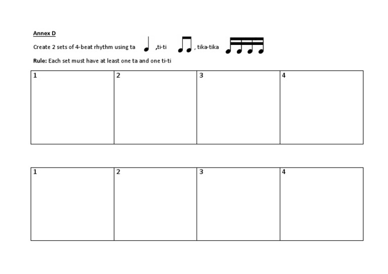 Create 2 Sets of 4-Beat Rhythm Using Ta, Ti-Ti, Tika-Tika | PDF
