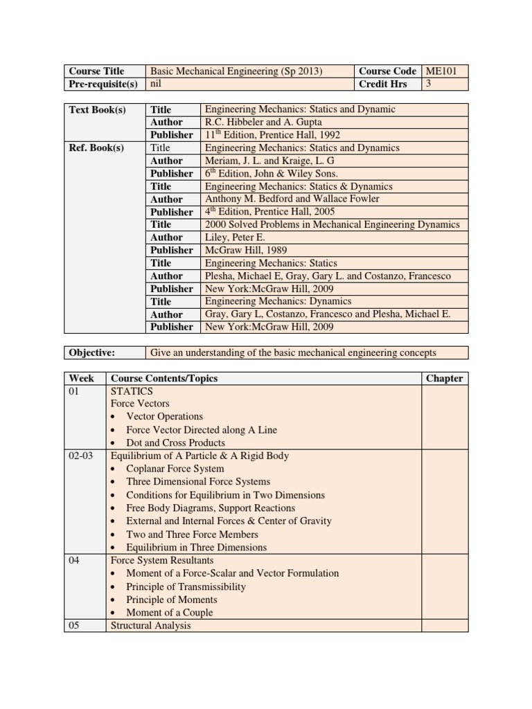 Course Outline Basic Mechanical Engineering | PDF | Equations Of Motion ...