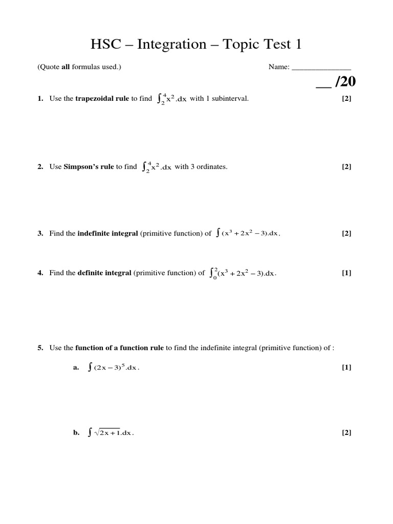 Topic Test - Integration | PDF | Integral | Analysis