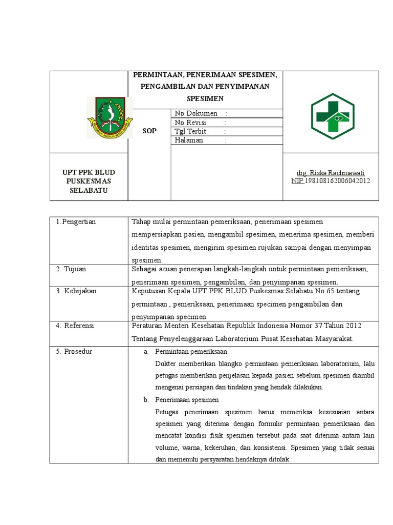 8.1.2.1 Sop Permintaan, Pemeriksaan, Penerimaan Spesimen Pengambilan Dan Penyimpanan Specimen | PDF
