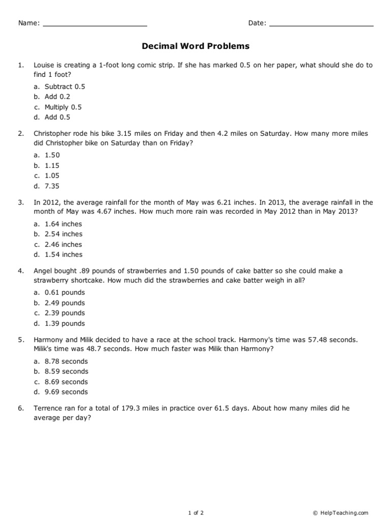Decimal Word Problems | PDF