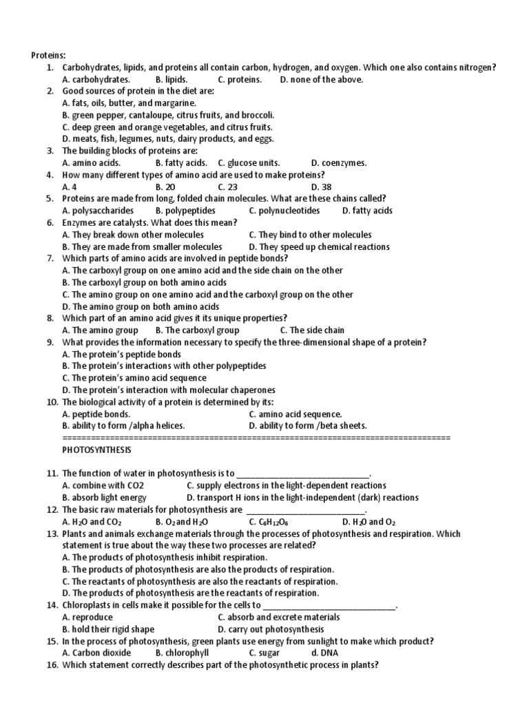 Protein, Photosynthesis, and Respiration Quiz | PDF | Cellular ...