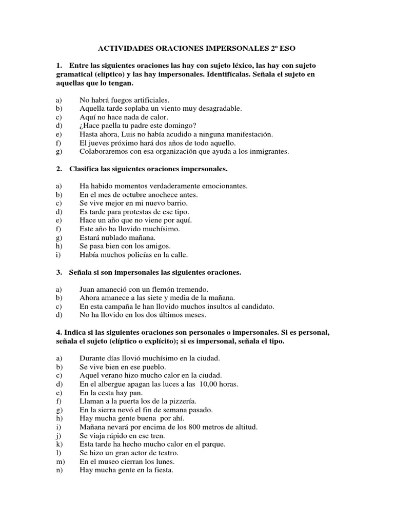 Actividades Oraciones Impersonales | PDF | Asunto (gramática)