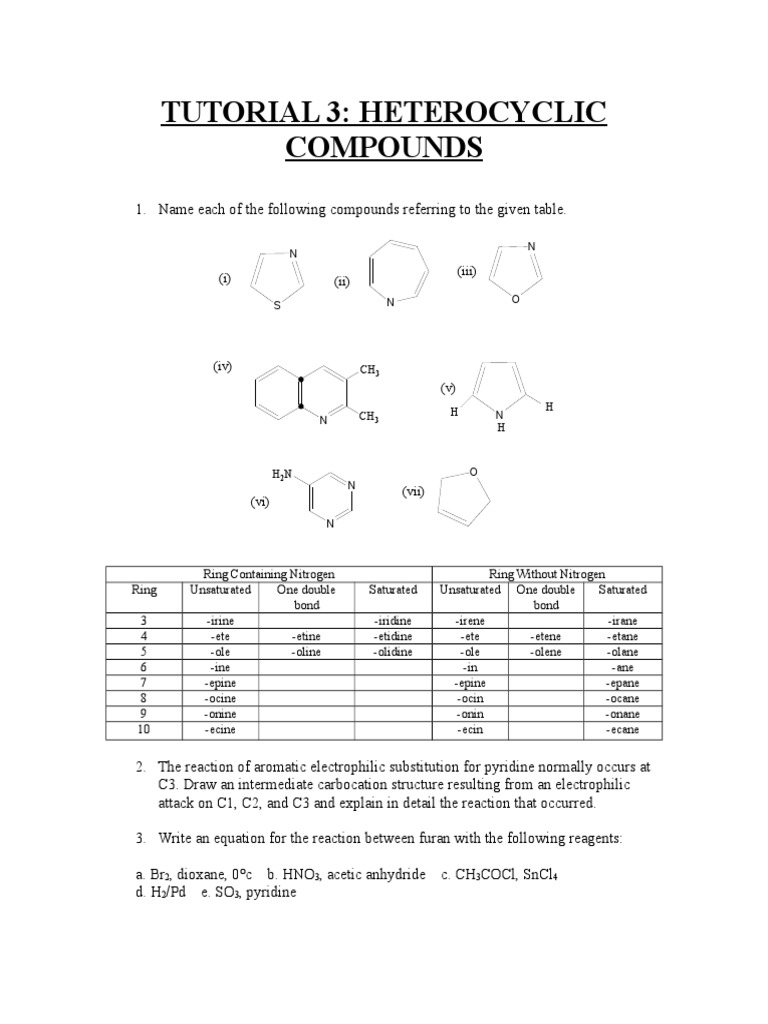 TUTORIAL 3 - Heterocyclic Compounds | PDF | Pyridine | Chemical Reactions
