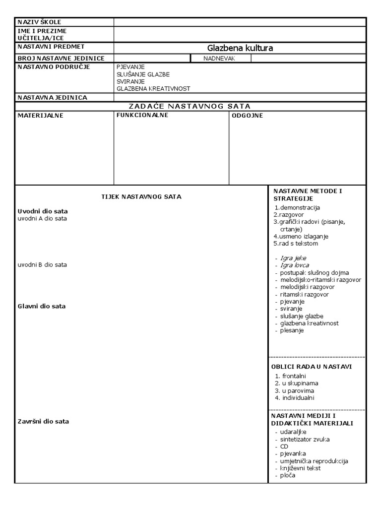 Priprema Nastavnog Sata Glazbene Kulture | PDF