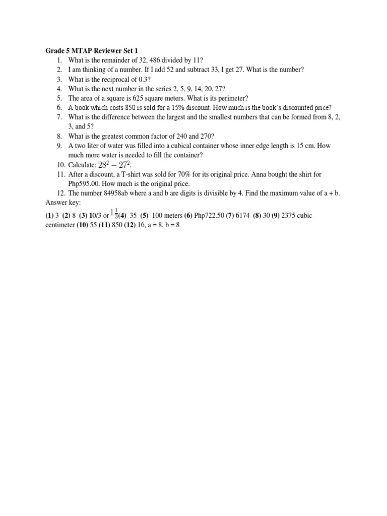Grade 5 MTAP Math Review Questions | PDF | Fraction (Mathematics ...