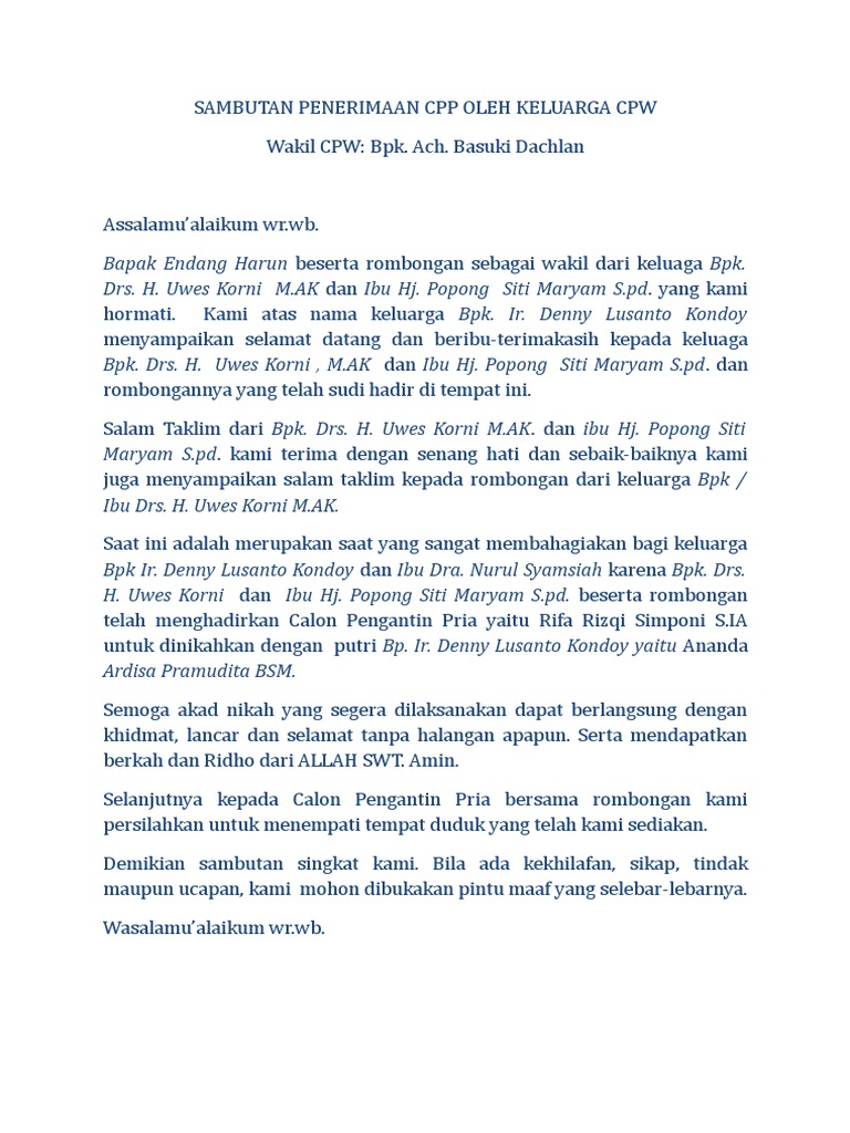 Sambutan Penerimaan CPP Oleh Keluarga CPW (Email) | PDF