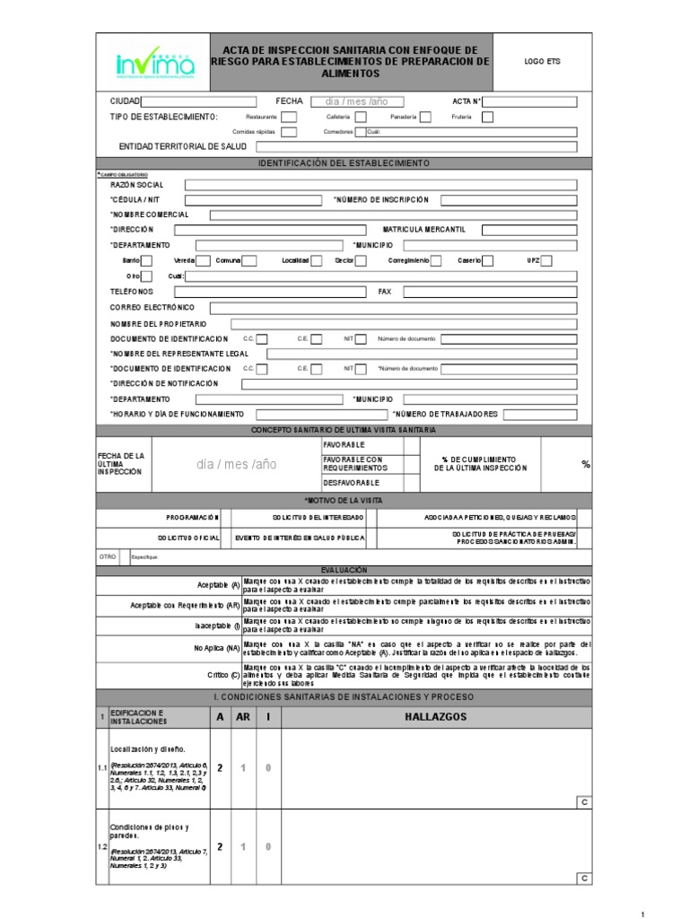 Acta Invima para Establecimientos de Preparación de Alimentos | PDF | Alimentos | Agua potable