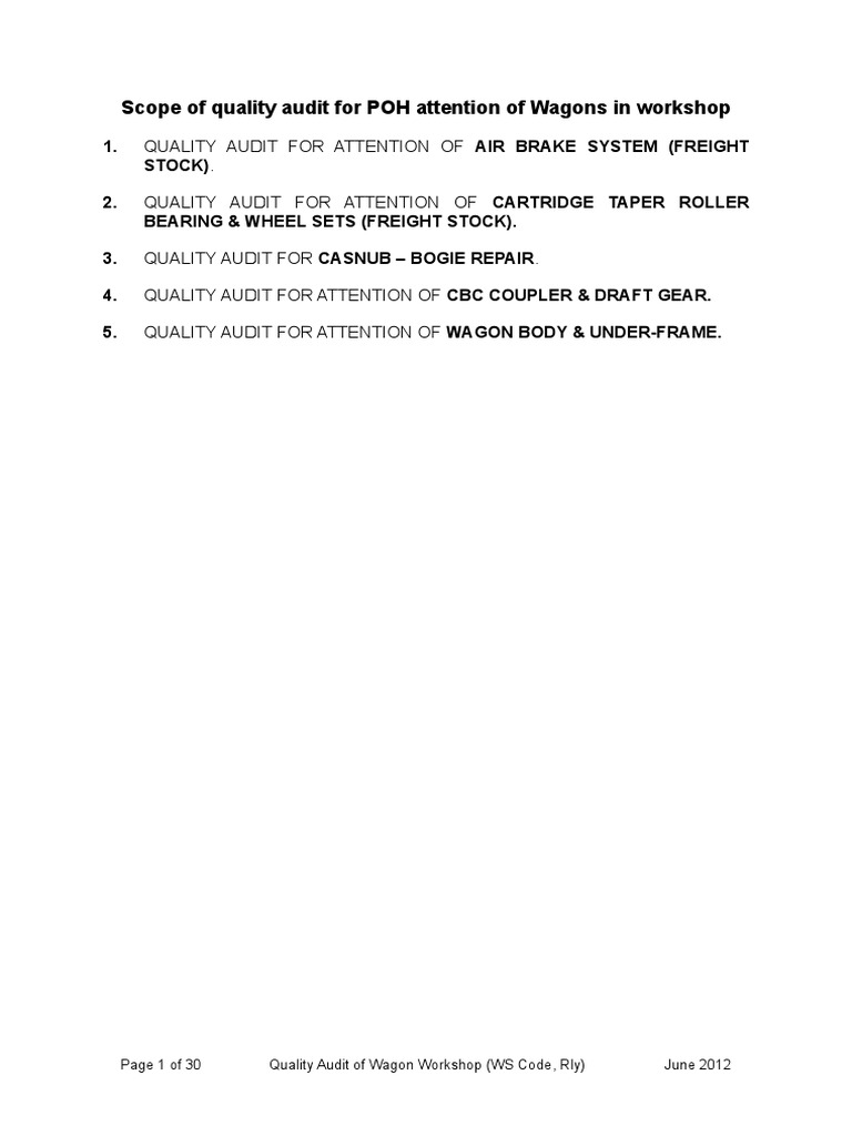 Quality Audit Check Sheet For POH Attention of Wagons in Workshop | PDF ...