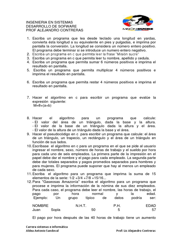 Ejercicios de Lenguaje C | PDF | Algoritmos | C (lenguaje de programación)
