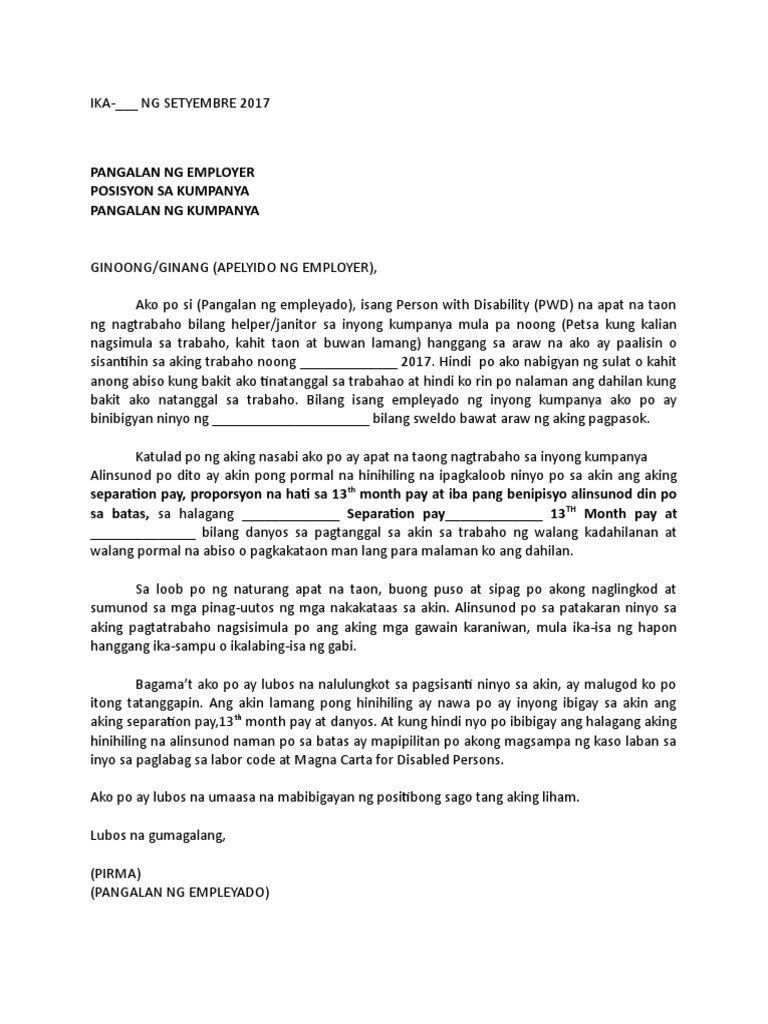 Sample Tagalog Demand For Separation Pay | PDF