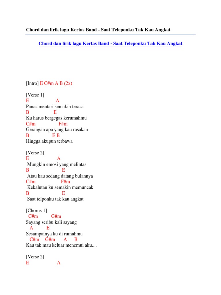Chord Dan Lirik Lagu Kertas Band - Saat Teleponku Tak Kau Angkat | PDF